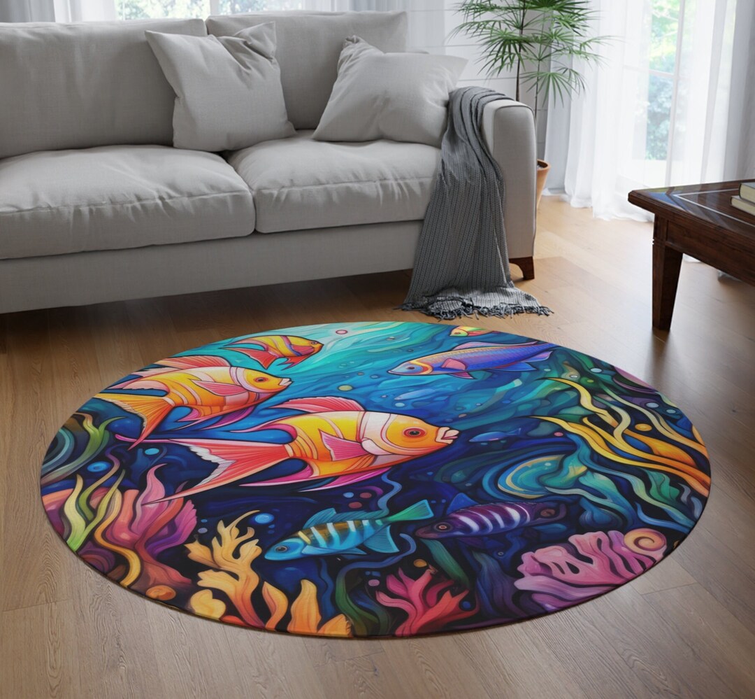 Under the Sea 60 Inch Round Area Rug, Stained Glass Look Rug, Colorful ...