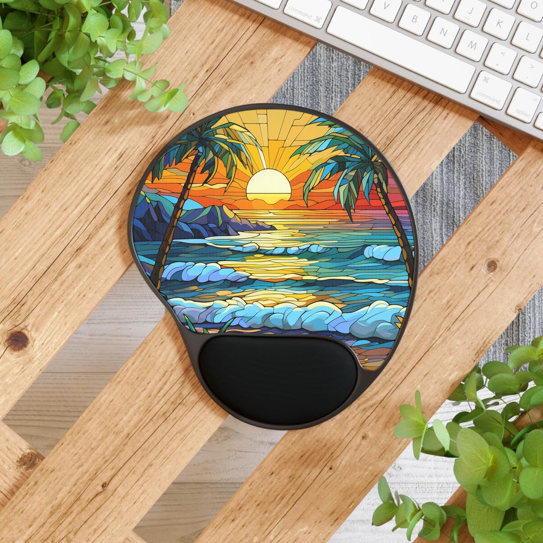 Tropical Sunset Mouse Pad With Wrist Rest, Stained Glass Look Desk ...