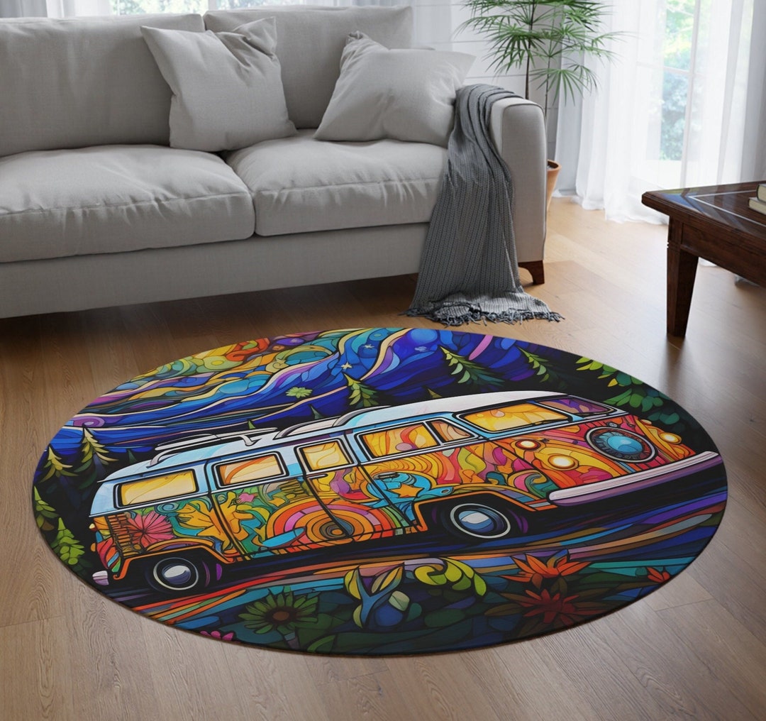 Hippie Bus Retro 60 Inch Round Area Rug, Psychedelic Home Decor ...