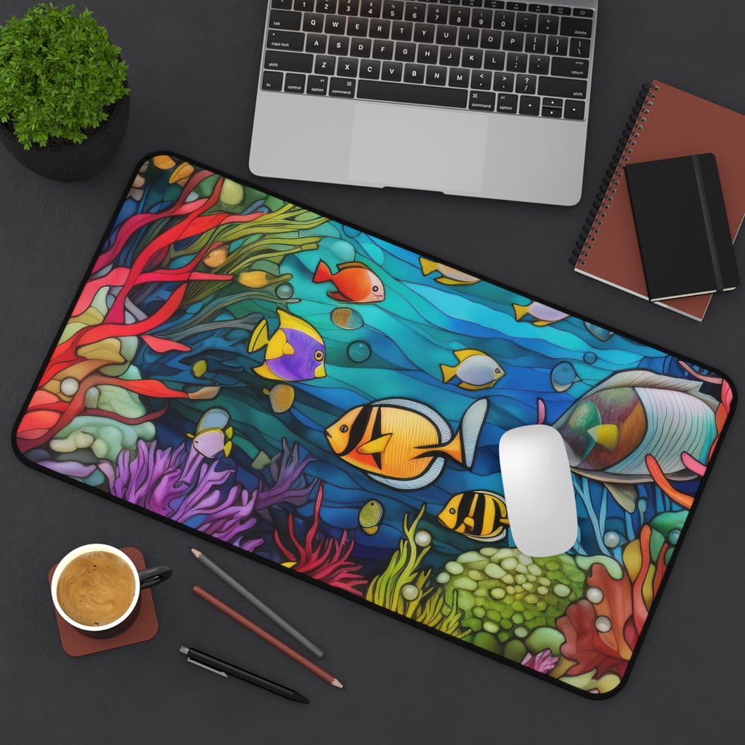Under the Sea Fish Coral Desk Mat, Stained Glass Look Neoprene Mouse ...