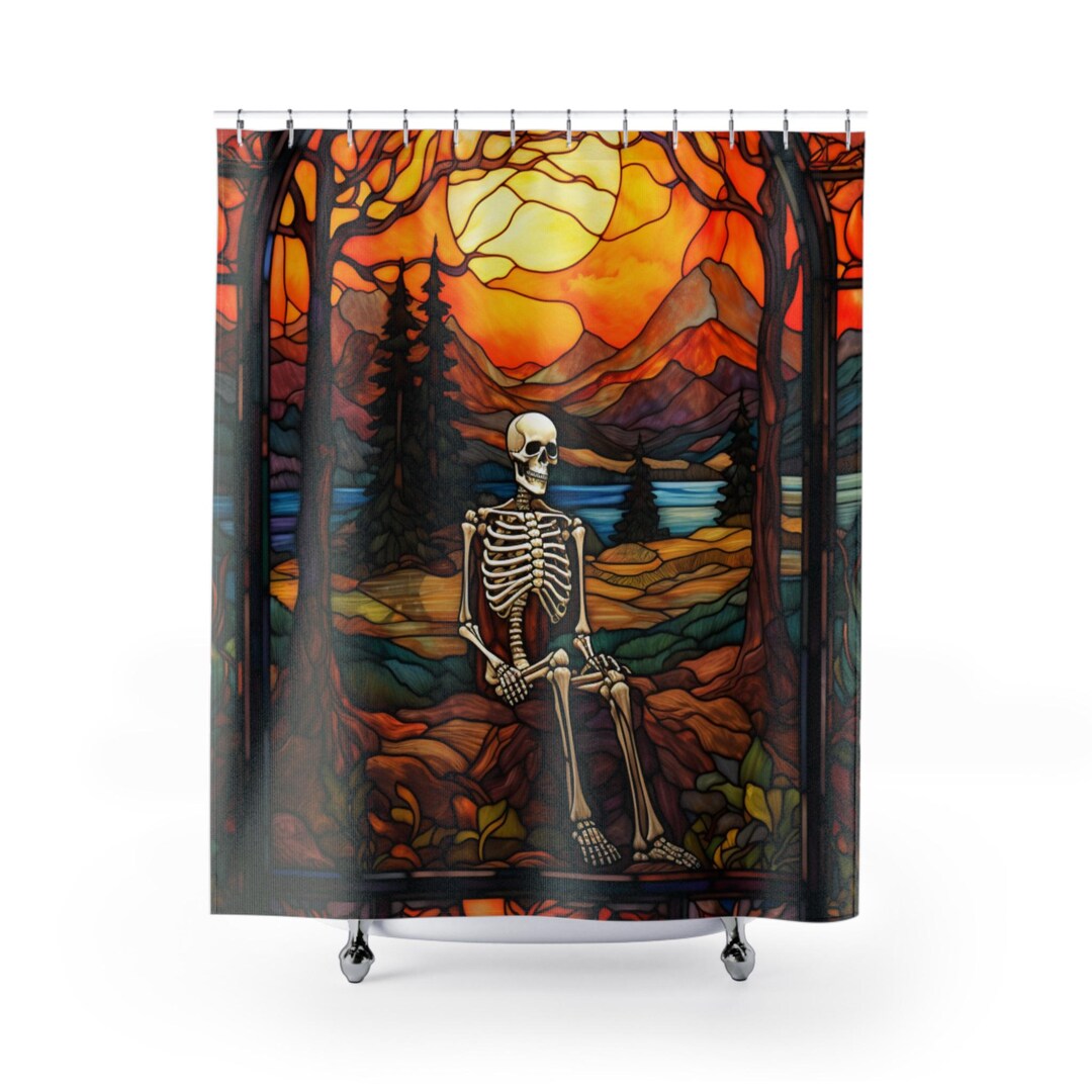 Creepy Skeleton Stained Glass Look Shower Curtain, Spooky Halloween ...