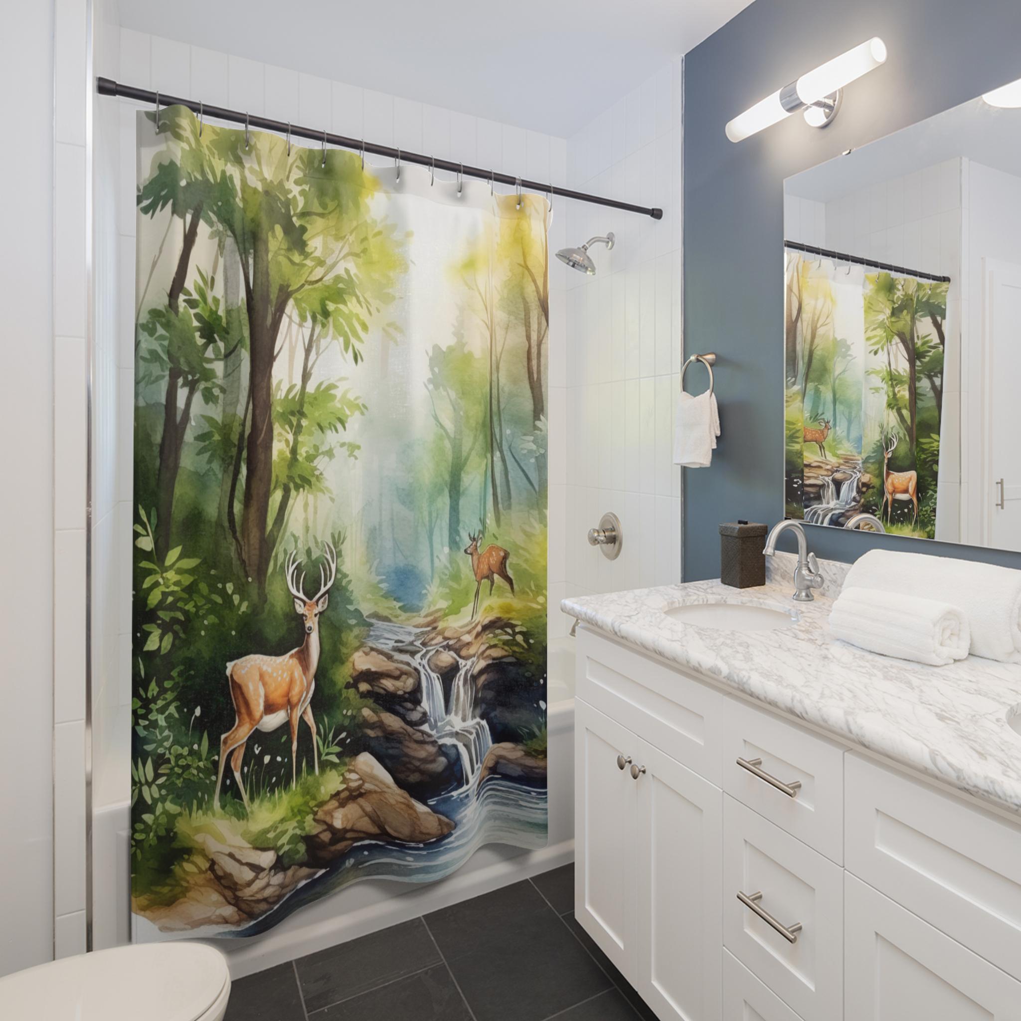 Buck and Doe Deer Shower Curtain, Woods Stream Bathtub Curtains ...