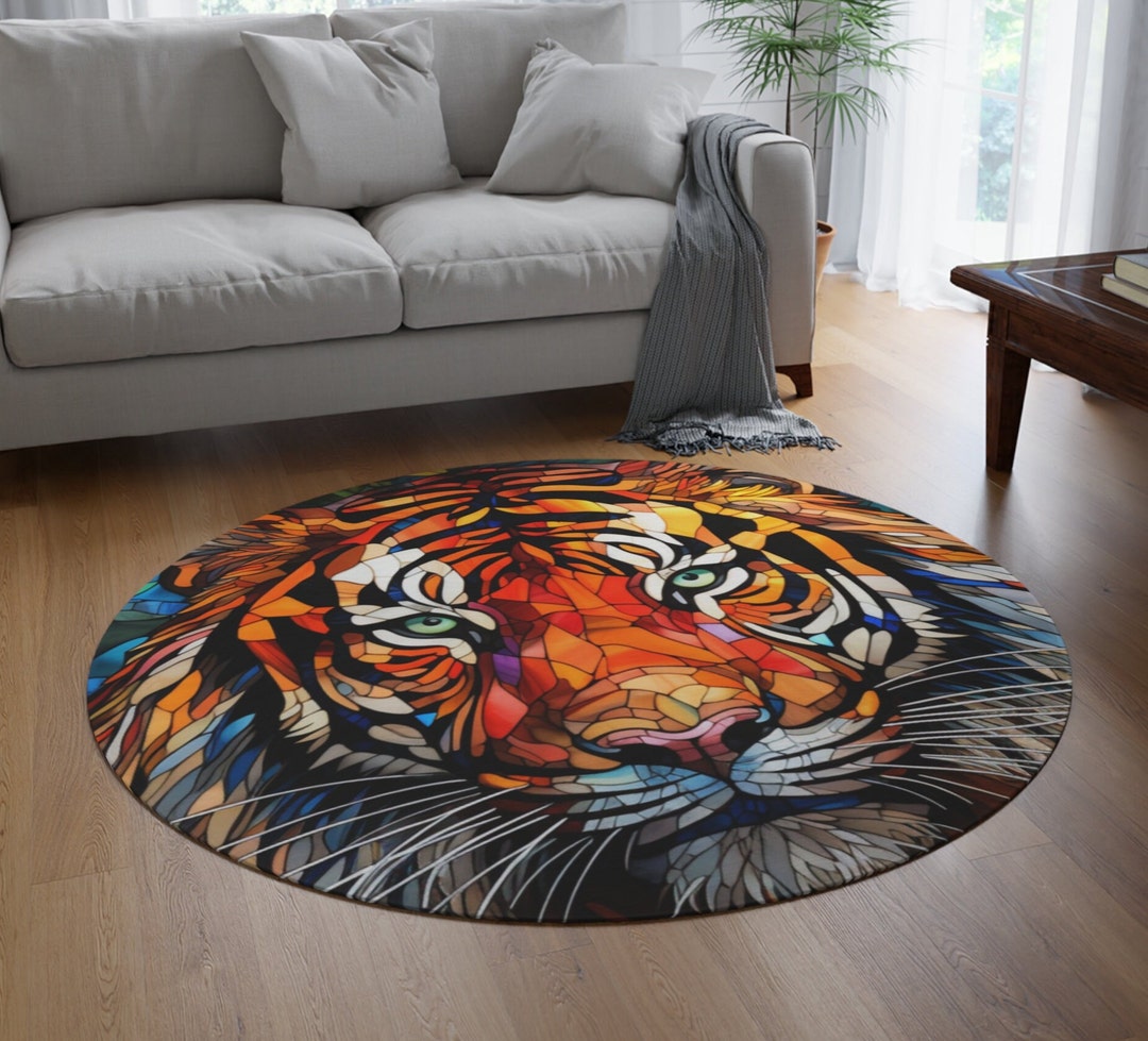 Bengal Tiger 60 Inch Round Rug, Stained Glass Look Home Decor, Bold ...