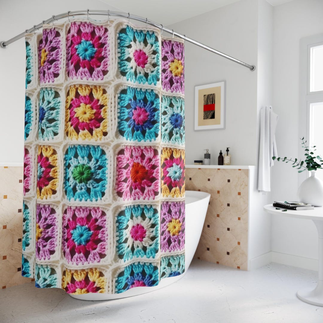 Granny Square Shower Curtain, Crochet Look Bathroom Decor, Colorful ...