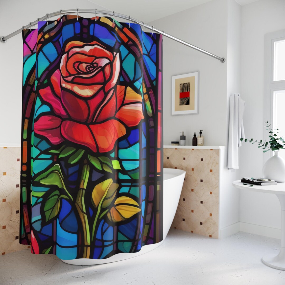 Red Rose Shower Curtain, Stained Glass Look Bath Decor, Floral Bathtub ...