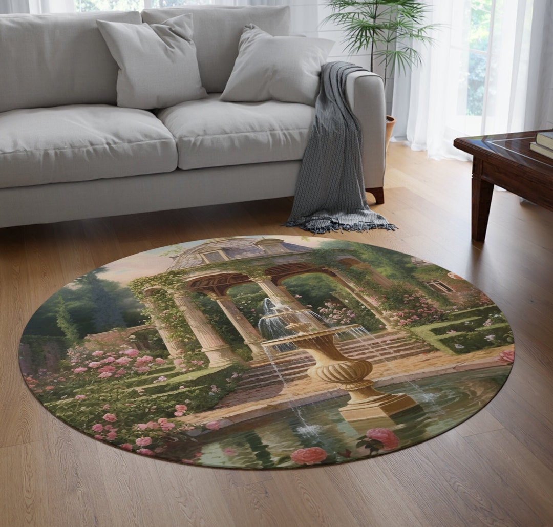English Garden Gazebo 60" Round Area Rug, Floral Floor Coverings ...