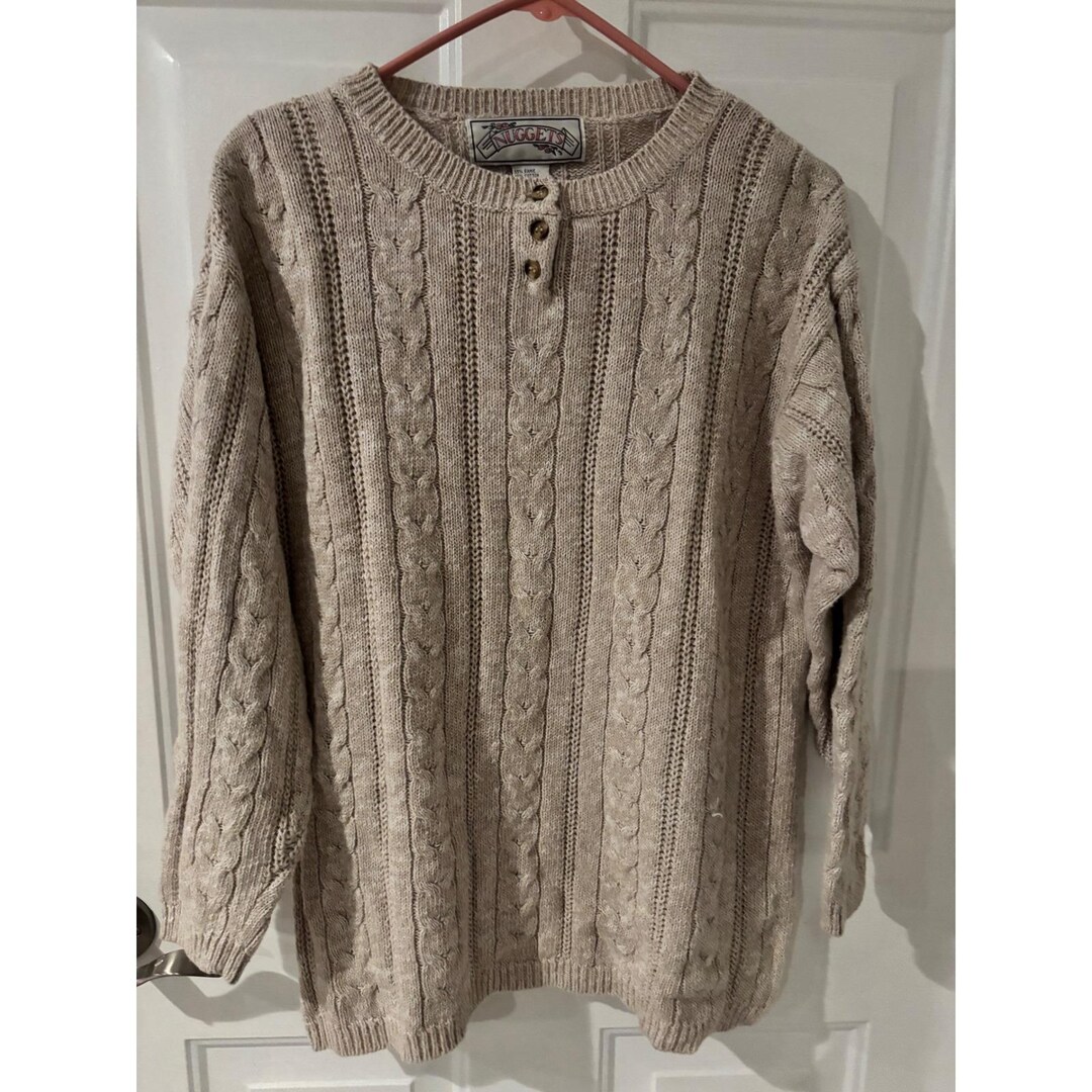 Vintage Nuggets Henley Sweater Beige Cable Knit Med Cottagegore ...