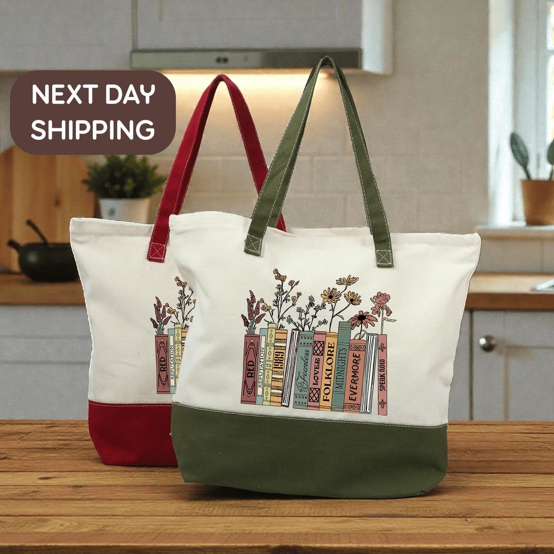 Custom Book Stack Tote Bag With Flowers, Personalized Name Canvas Tote ...