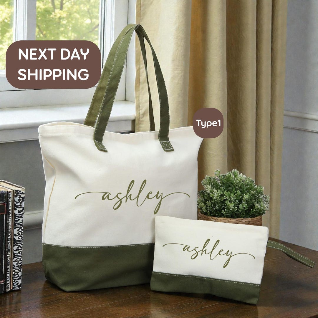 Personalized Tote Bag Custom Initial and Name, Canvas Tote With Zipper ...