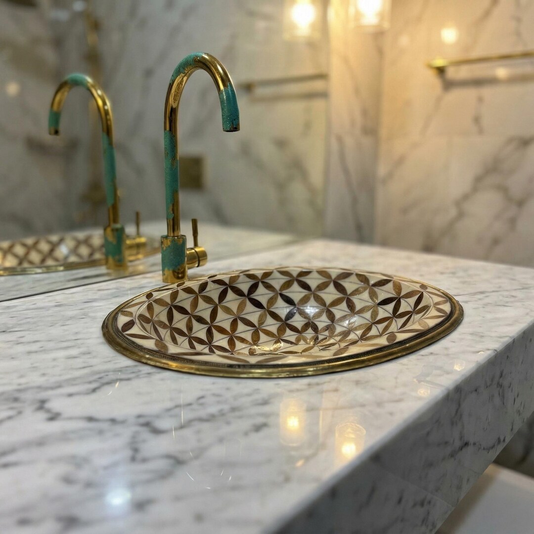 Handmade Geometric Resin Vessel Sink With Patina Brass Faucet - Etsy