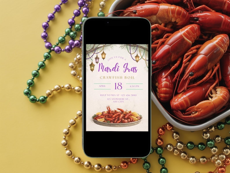 Mardi Gras Crawfish Boil Invitation Template | Louisiana Seafood Party ...