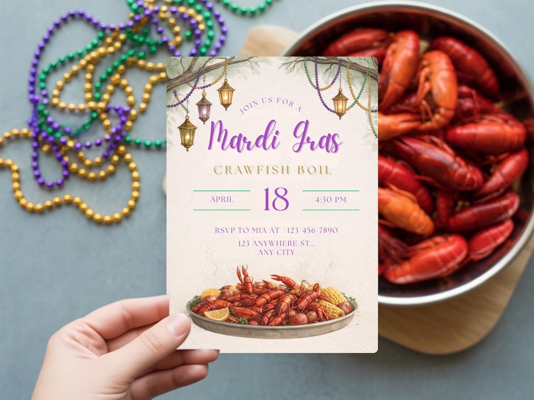 Mardi Gras Crawfish Boil Invitation Template | Louisiana Seafood Party ...