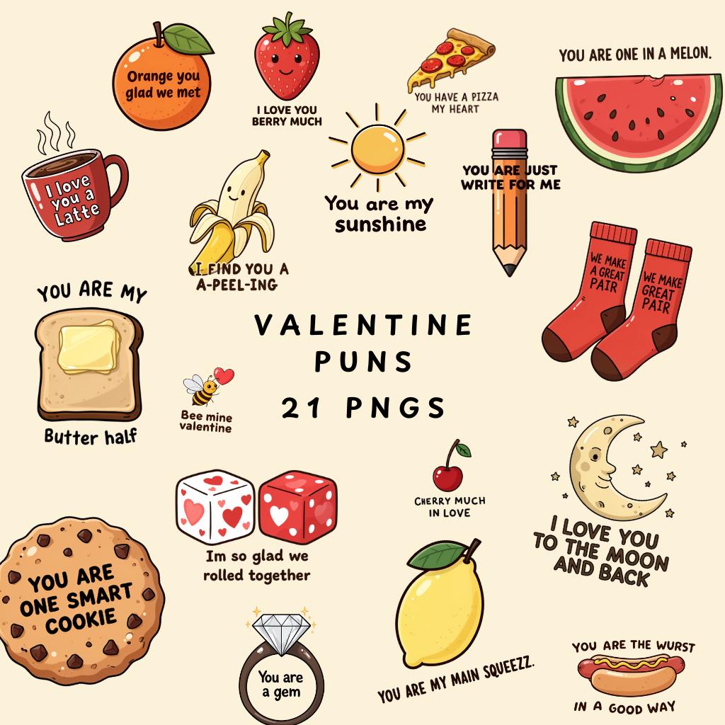 Valentine Pun Clipart Bundle | Cute Love Puns | Hand Drawn Cartoon ...