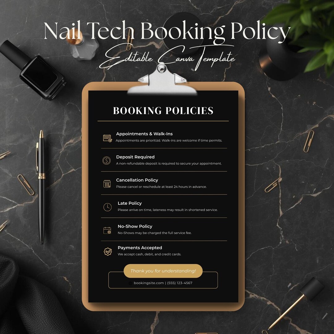Booking Policy Template Editable in Canva, Printable Nail Tech Booking ...