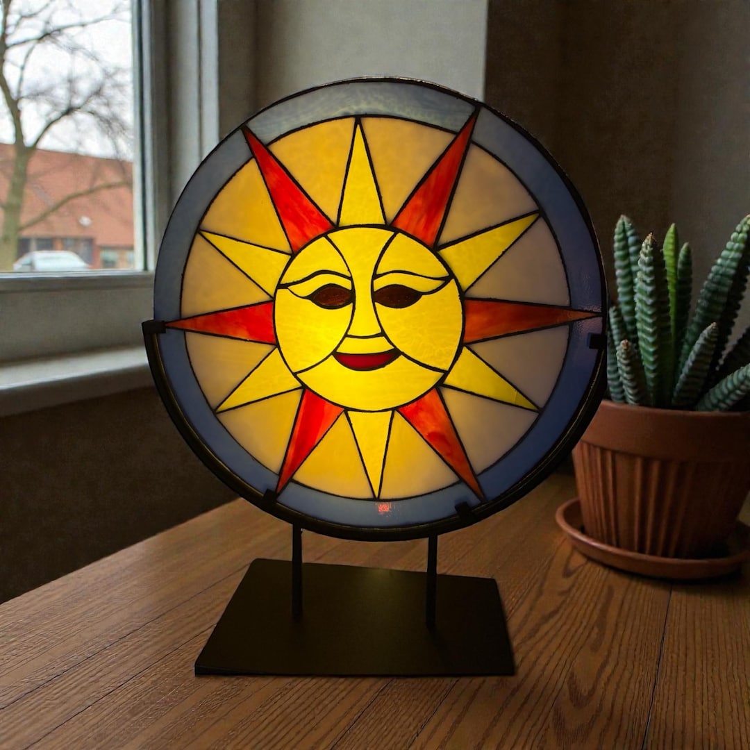 Stained Glass Smiling Sun Mosaic, One-of-a-kind, Display Stand Included ...