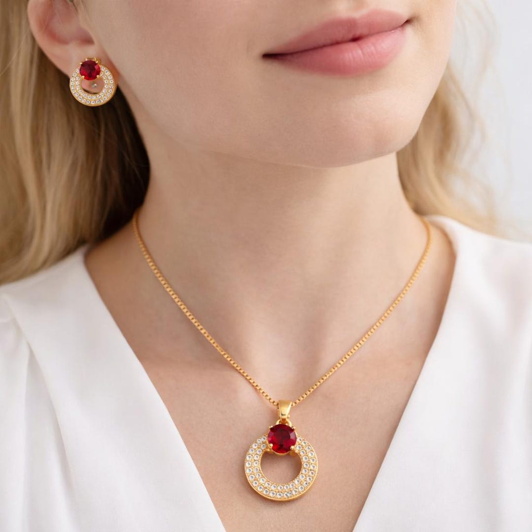 Rose Gold Ruby Red Circle Pendant Necklace & Stud Earrings Set | Bridal ...