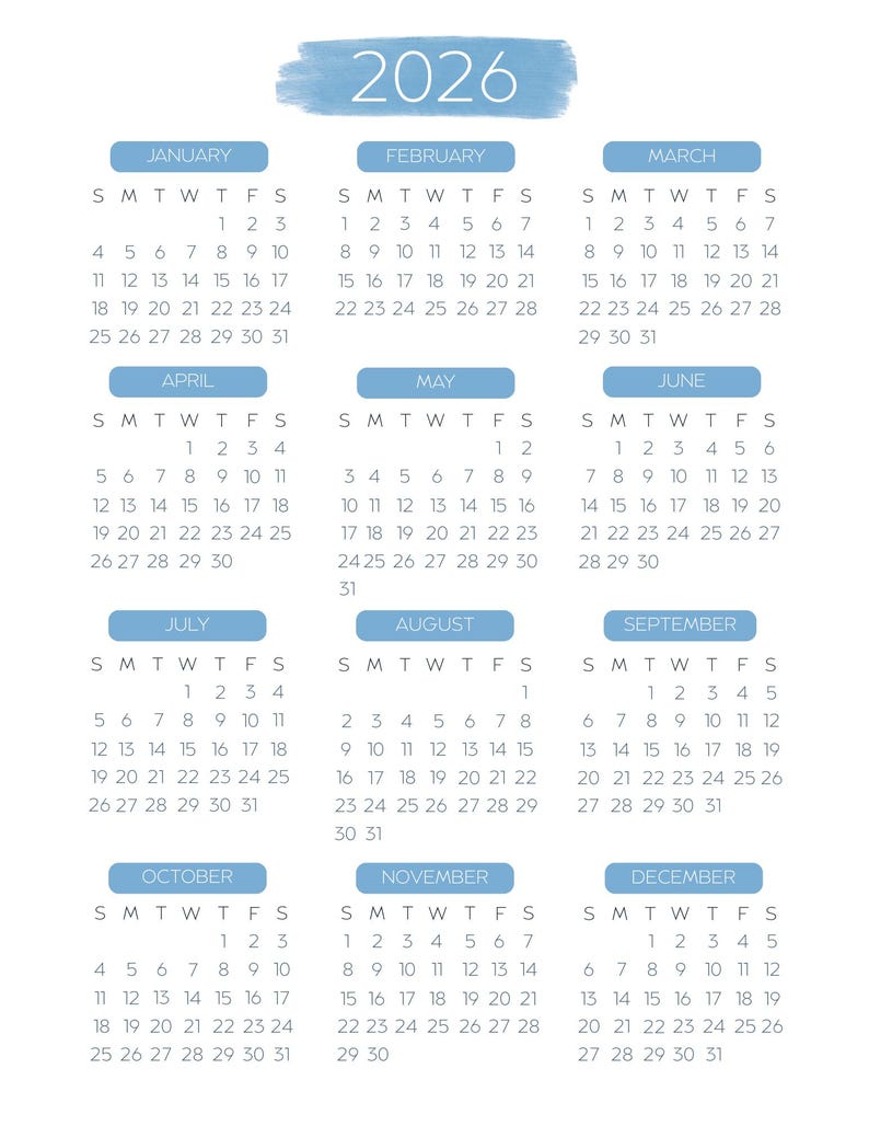 2026 8.5" X 11" At-a-glance Printable Calendar (blue...other Colors ...