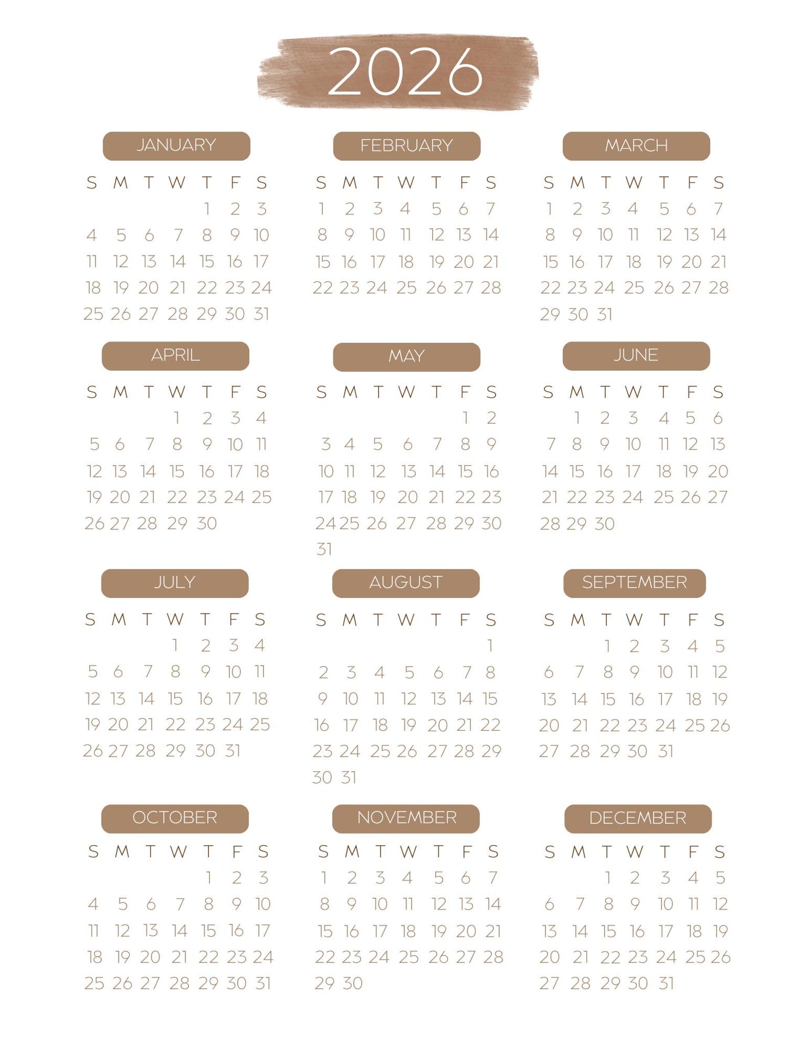 2026 8.5" X 11" At-a-glance Printable Calendar (brown...other Colors ...