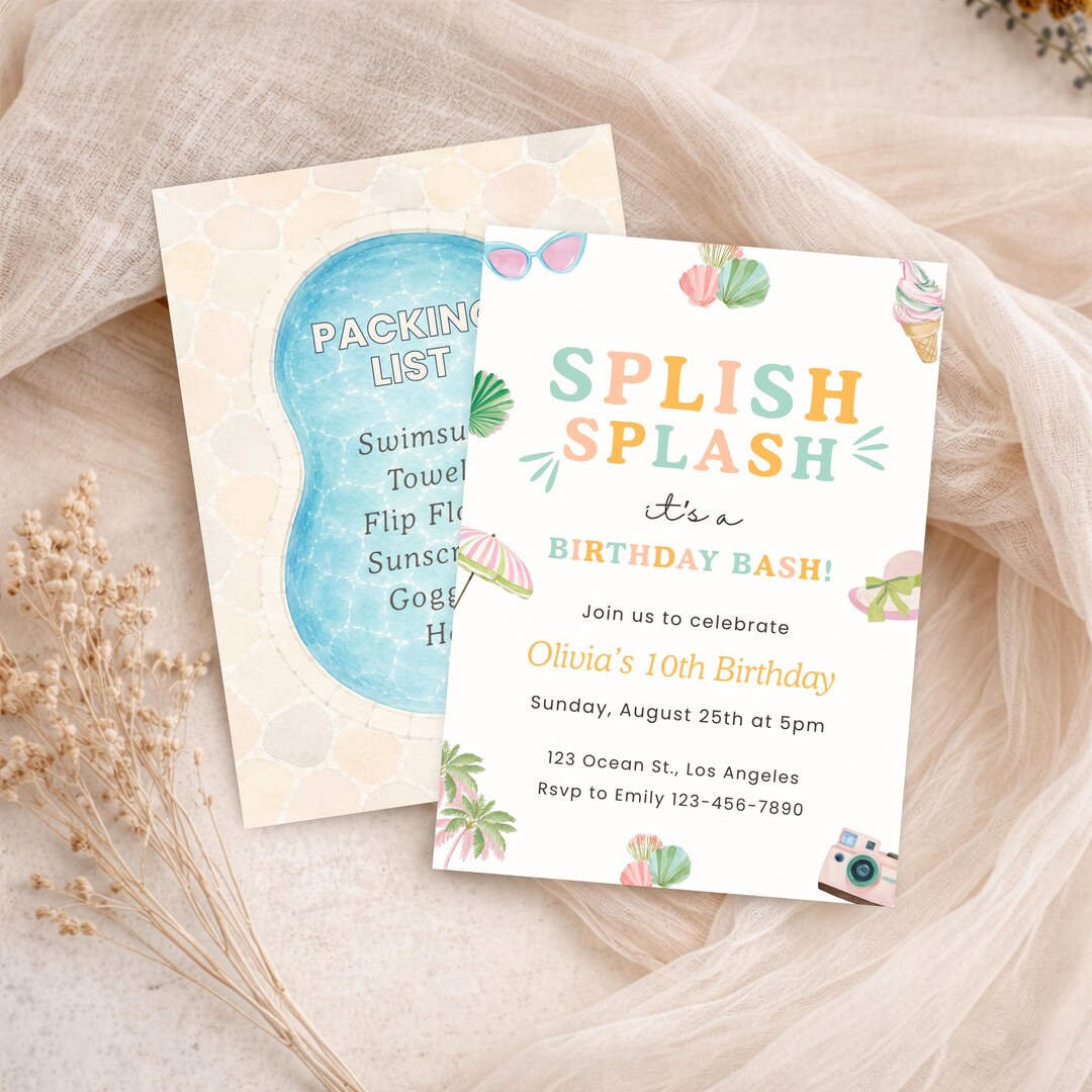 Splish Splash Birthday Invitation, Pool Party Invite Template, Editable ...