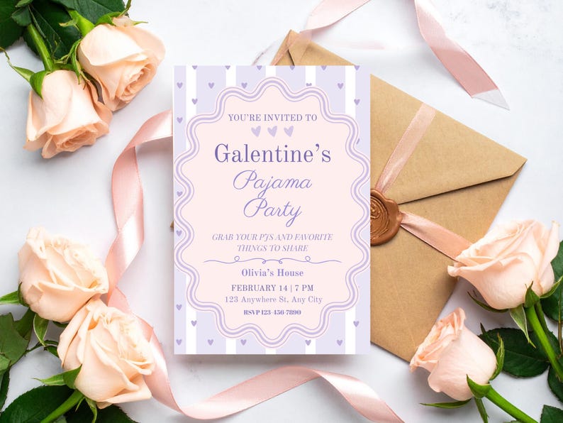 Galentine's Day Pajama Party Invitation Template, Lavender Girls Night ...