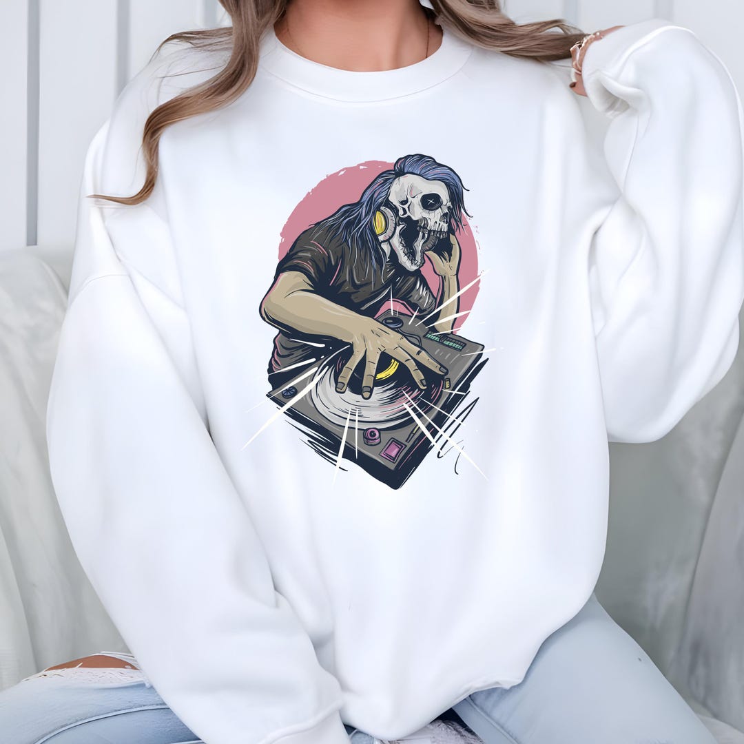 DJ Skeleton Sweatshirt Techno Music Hoodie Skull Turntable Graphic ...