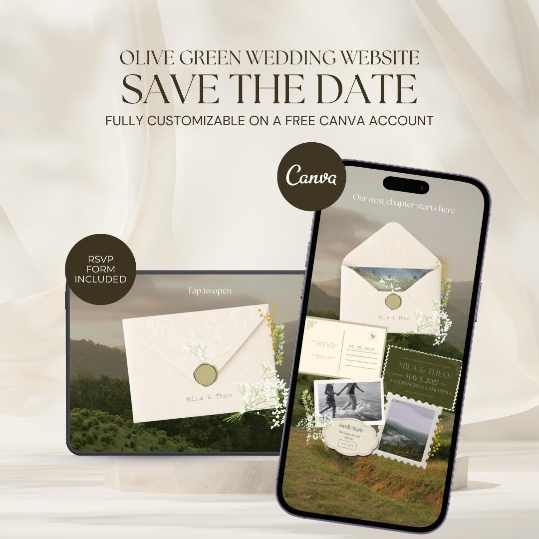 Olive Green Wedding Website Template | Interactive Envelope, Canva RSVP ...