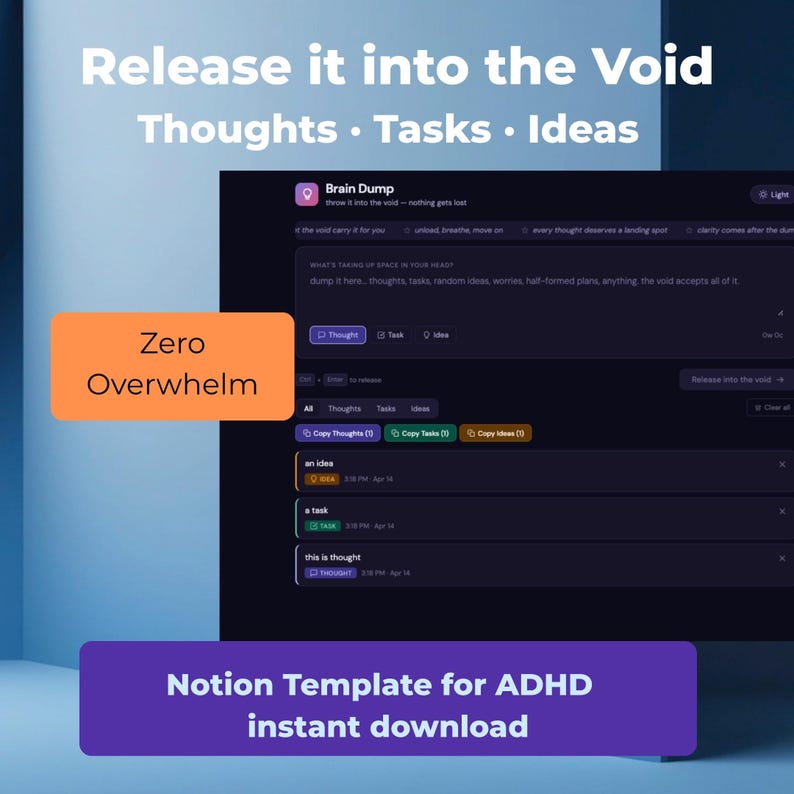 Adult ADHD Brain Dump Notion Template, Minimalist Thought Organizer ...