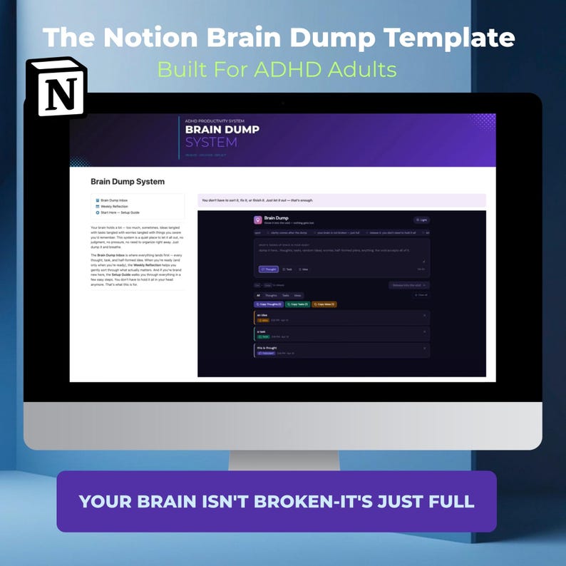 Adult ADHD Brain Dump Notion Template, Minimalist Thought Organizer ...