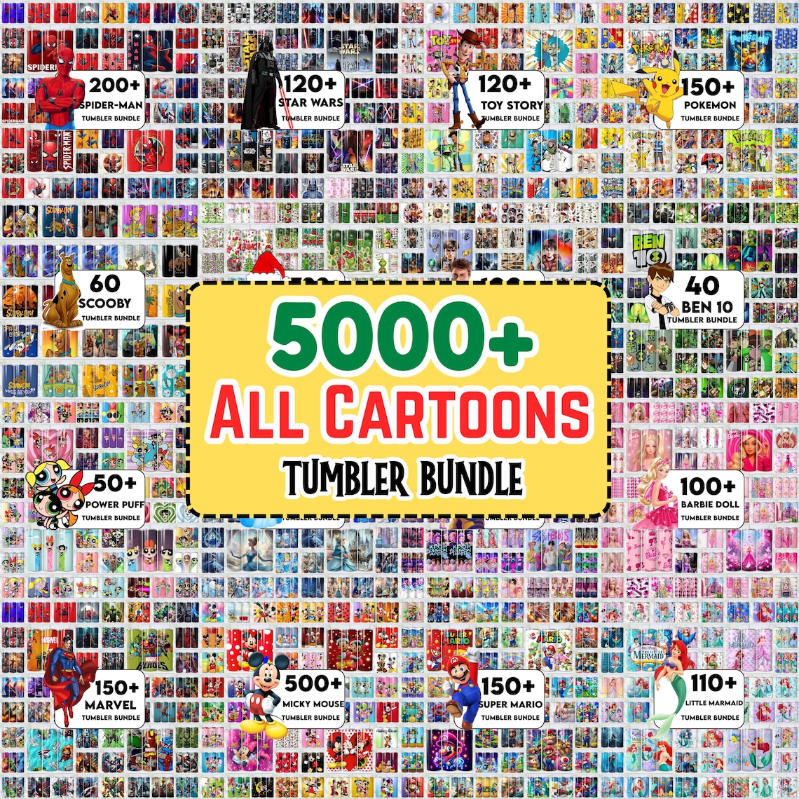 5000+ 20oz Cartoon Tumbler Bundle All Cartoons Character Sublimation ...