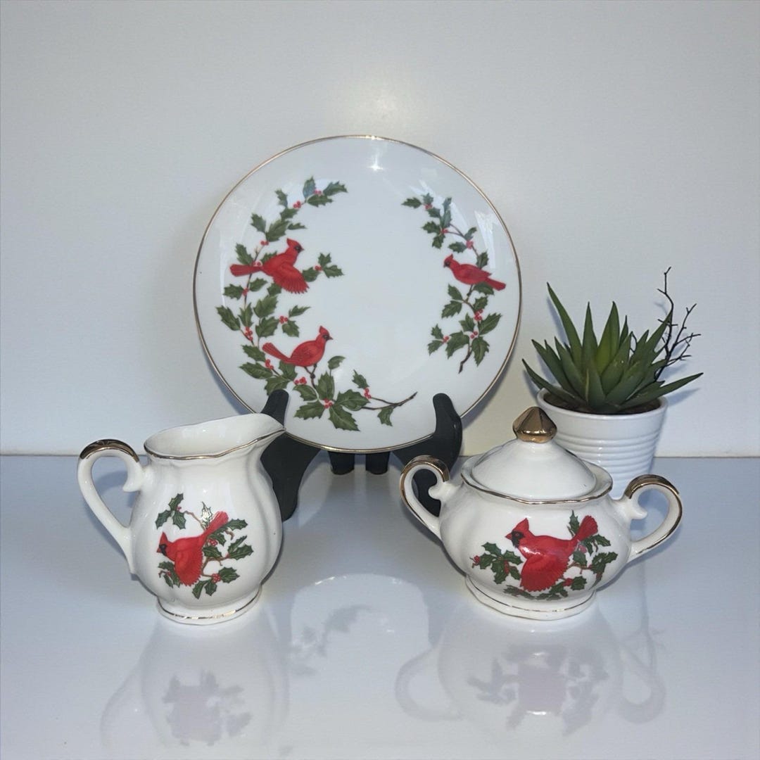 Vintage Lefton China Set Plate Creamer Sugar Bowl Cardinal and Holly ...
