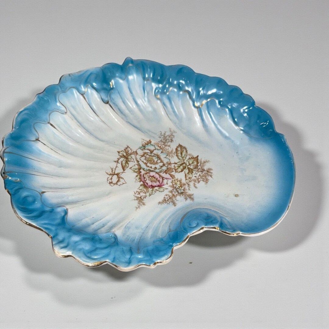 Antique Limoges Porcelain Shell Shape Platter Dish Teal Scalloped Hand ...