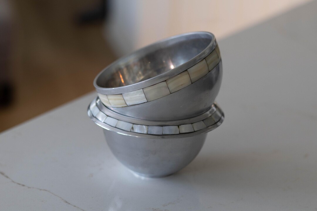 Vintage Aluminum Bowls With Mother of Pearl Inlay | Mid Century Decor ...