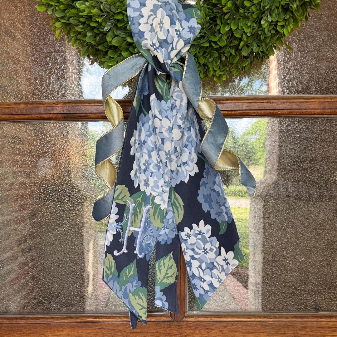 Navy Hydrangea Wreath Sash | Personalized Monogram Door Decor, Cotton ...