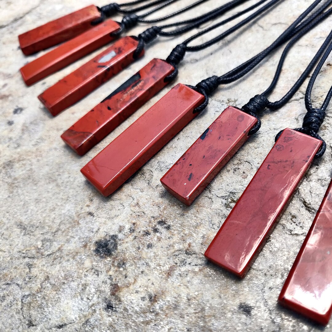 Red Jasper Necklace for Men and Women, Rectangle Stone Pendant, Black ...