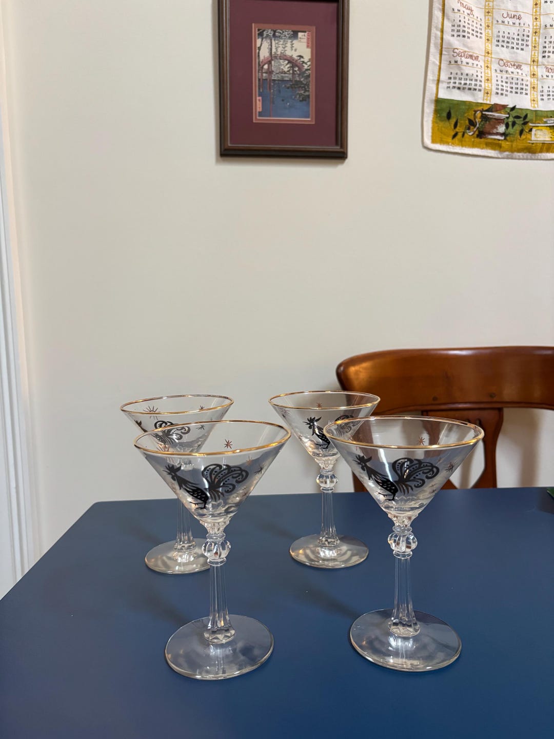 Set of 4 Vintage Rooster Martini Glasses | Southern Barware | Hand ...