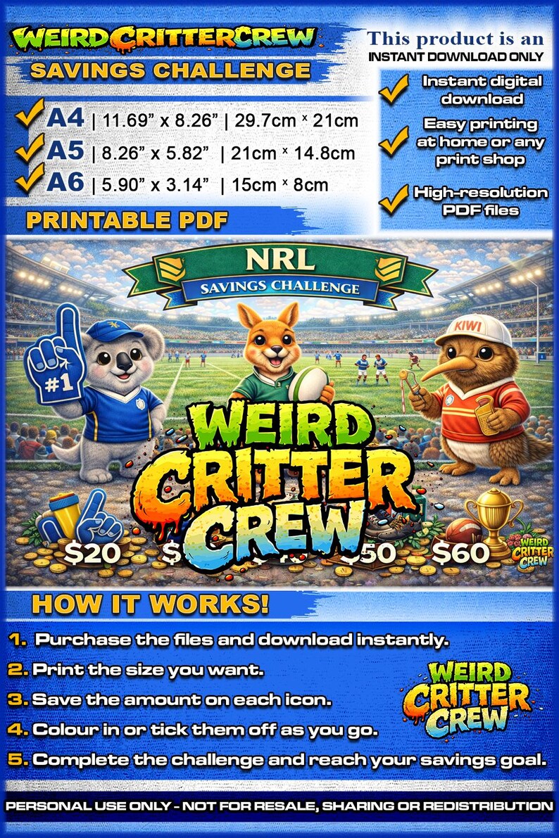 NRL Savings Challenge | Rugby League Budget Printable (A4, A5, A6 ...