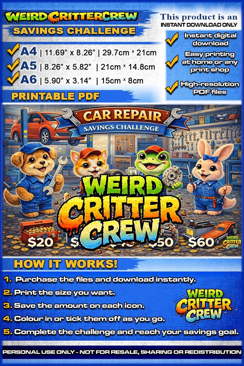 Car Repair Savings Challenge | Emergency Fund Tracker (printable PDF A4 ...