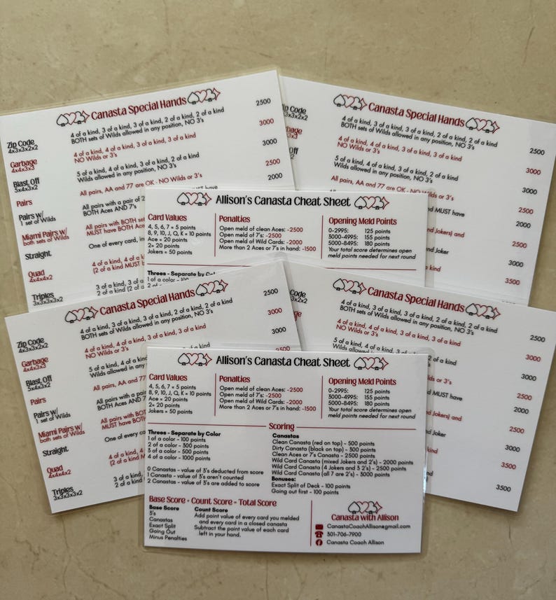 Canasta Cheat Sheet Card - Laminated Double-sided Rules and Scoring ...