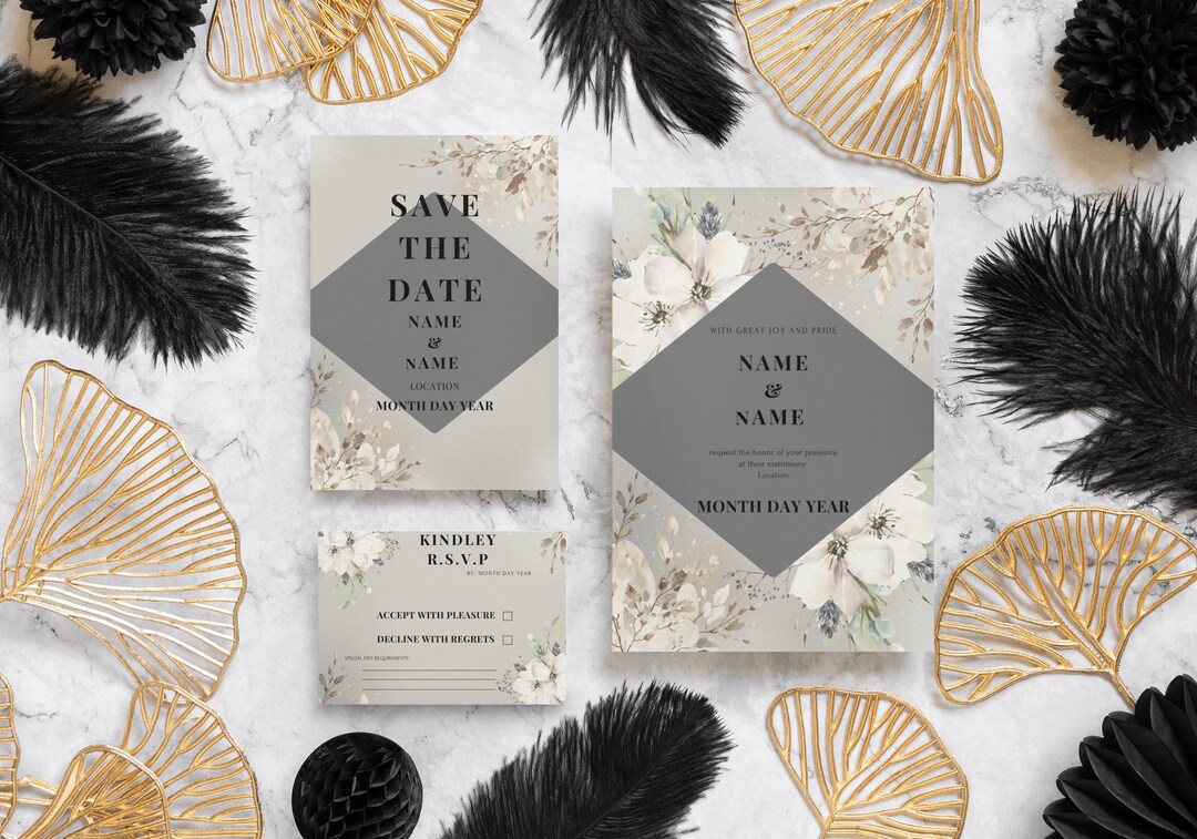 Neutral Floral Wedding Invitation Suite | Minimalist Wedding Invite Set ...