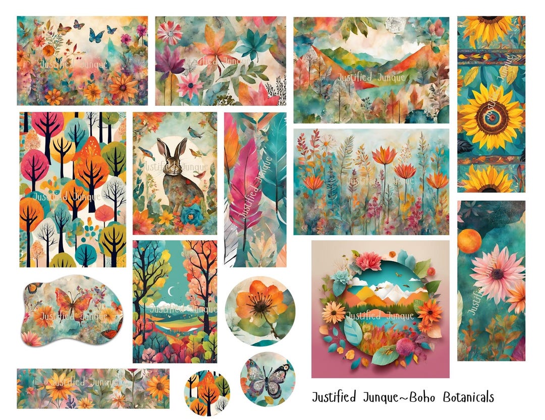 Vibrant Boho Botanical Digital Ephemera for Junk Journals, Collage Art ...