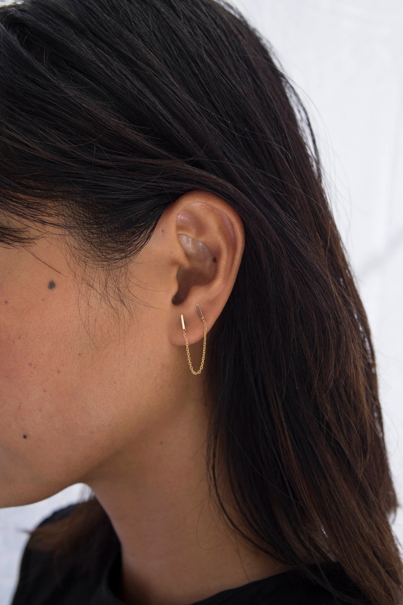 Tiny 14 Karat Gold Line Earring Double Chain Bar Earring | Etsy