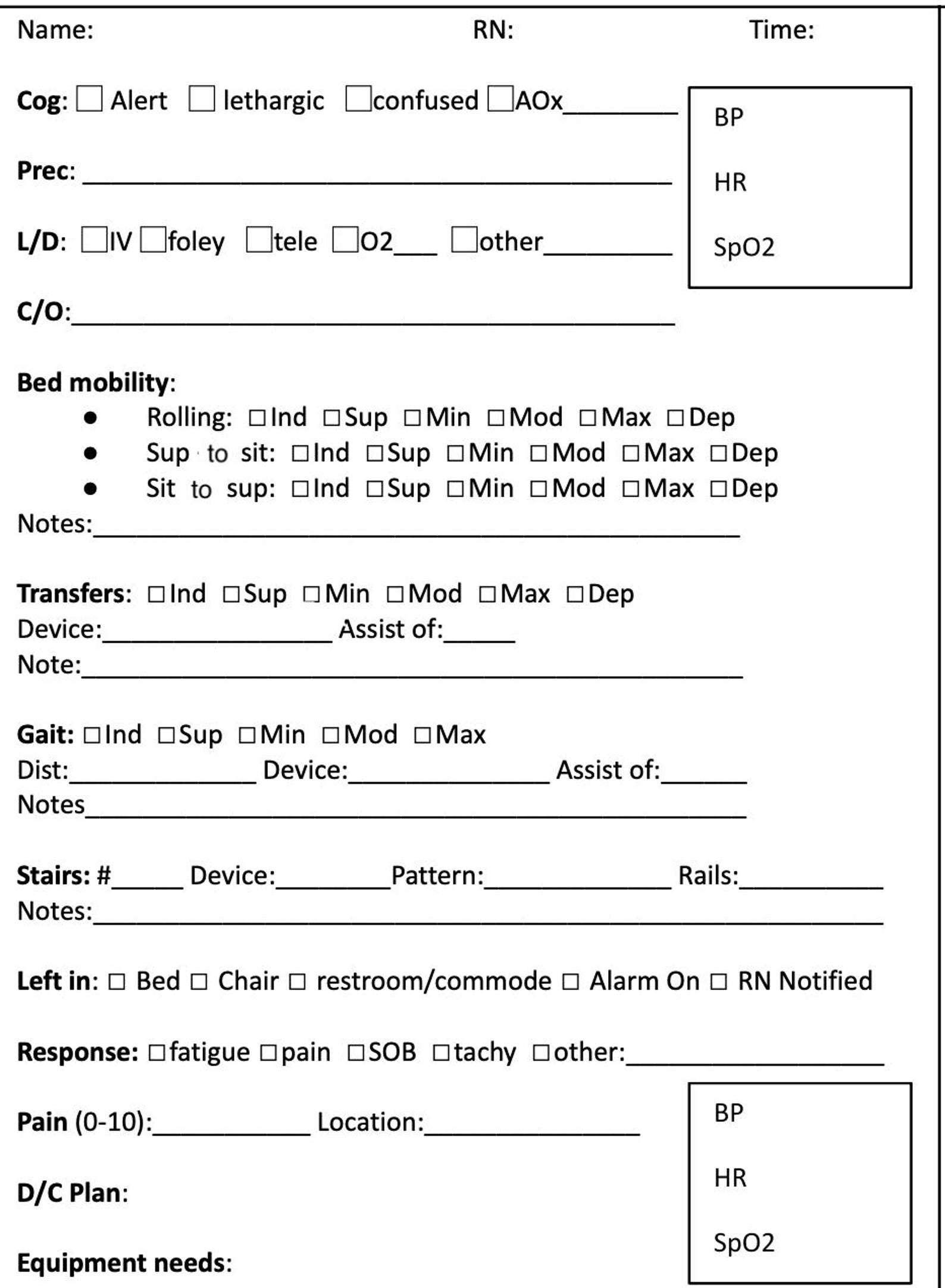 Acute Care Physical Therapy Note Sheet | ICU & Med-surg PT | 4-up Daily ...