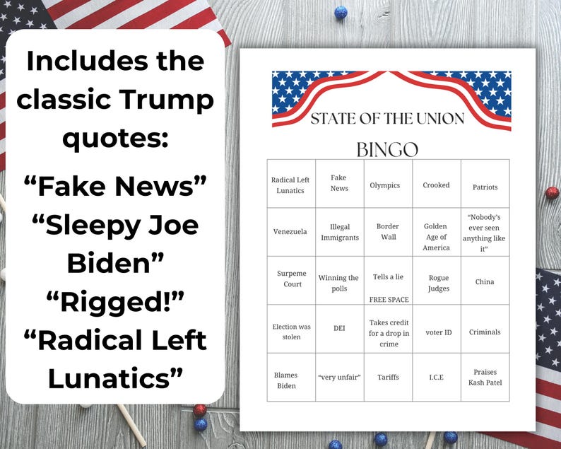 State of the Union Bingo Cards, 2026 Trump State of the Union Game ...