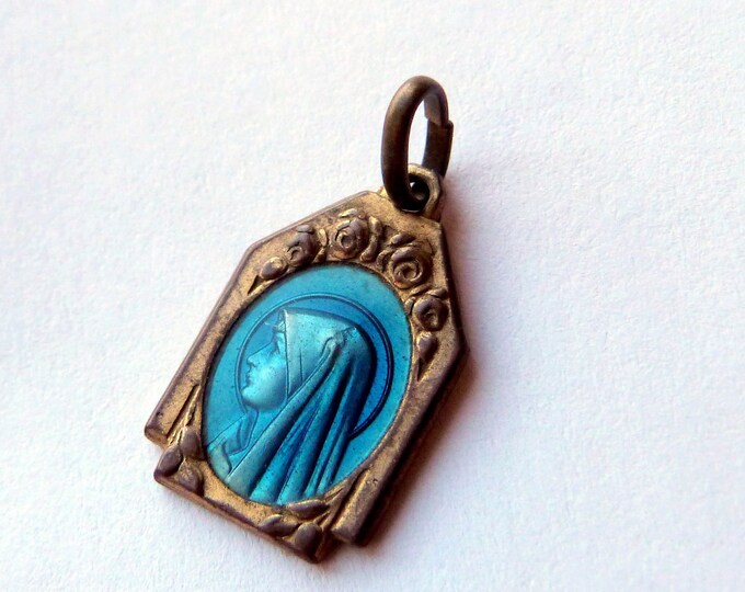 Antique French Religious Blue Enamel Miraculous Medal Holy Virgin Mary Our Lady of Lourdes ...