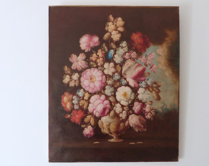 Antique French Signed Floral Oil Painting W Roses in Medecis, Signed by ...