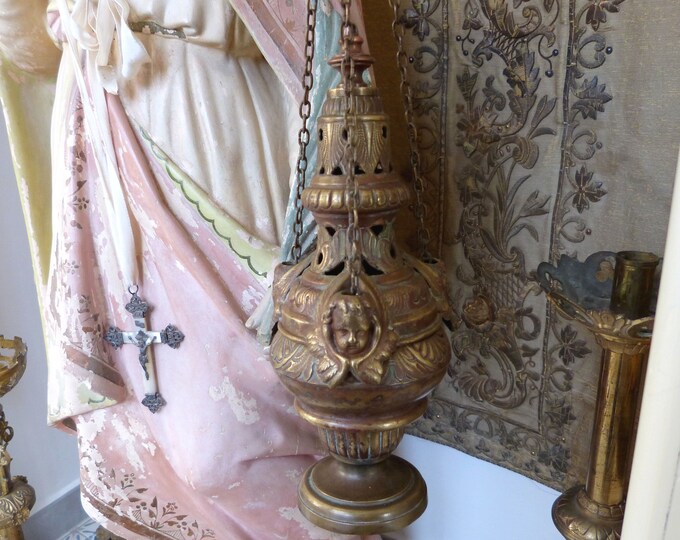 Antique French Thurible Church Icon Lamp Incense Burner LARGE Religious ...