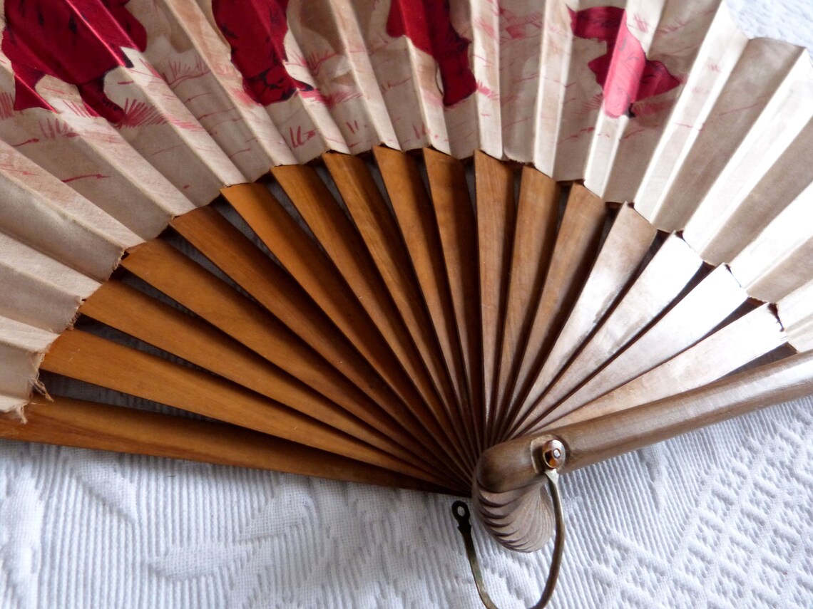 Antique Hand Fan 1900s Folding Fan W Red Silk Silhouettes of Children W ...