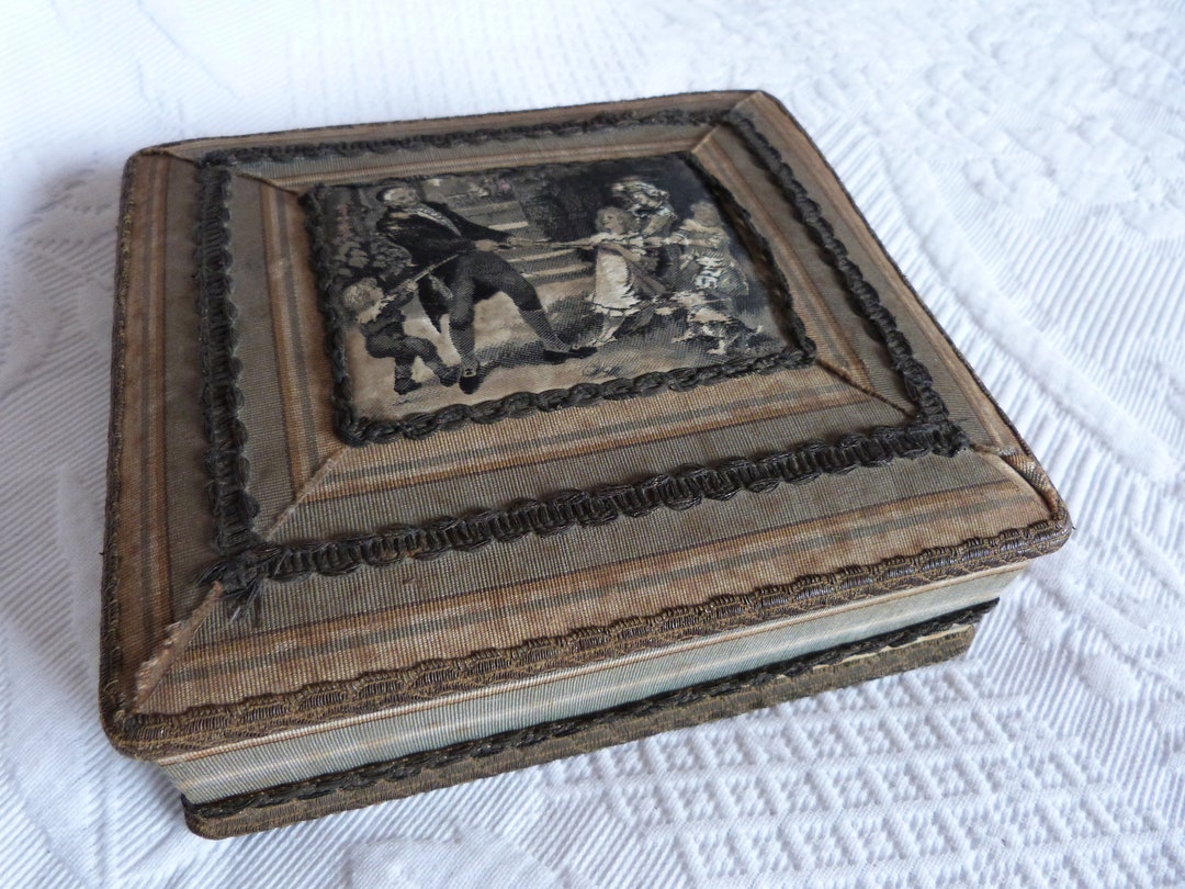 Antique French Fabric Covered Box W Signed Print on Silk W Gold ...