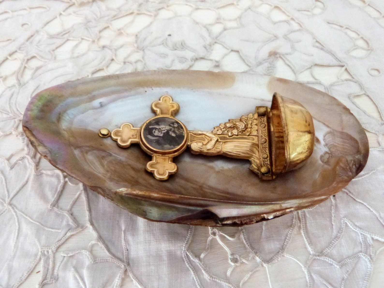 Holy Water Font Shell, Antique French Religious Ormolu Sculpture W ...