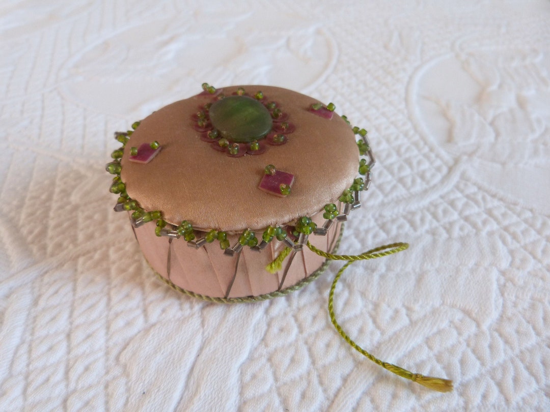 Vintage French Handmade Silk Round Box W Glass Beads, 1940s Sewing ...